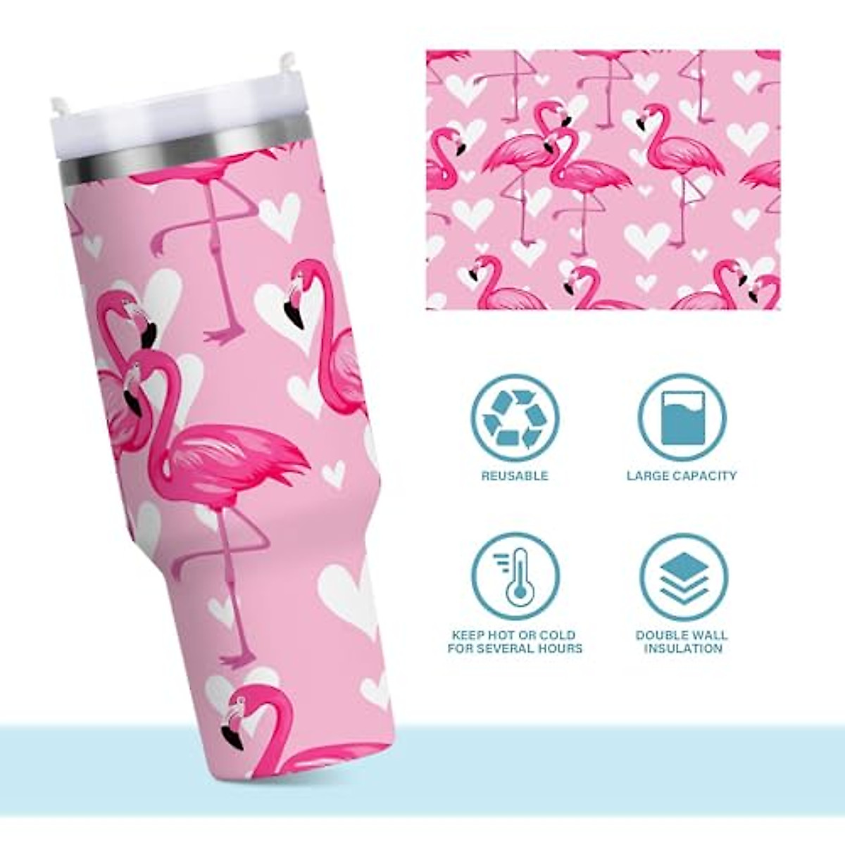 Burbuja Flamingos Standing on One Leg 40oz Insulated Tumblers with Handle and Straw Lid, Double Wall Stainless Steel Travel Mug Leak-Proof, BPA Free, Gift for Mom Dad