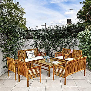 Tangkula 4 Piece Outdoor Acacia Wood Sofa Set w/Water Resistant Cushions, Padded Patio Conversation Table Chair Set w/Coffee Table for Garden, Backyard, Poolside (2)