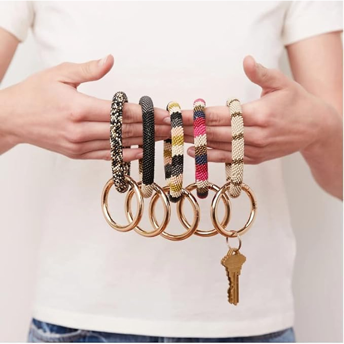 INK + ALLOY Women's Chloe Beaded Key Ring and Bracelet Handmade Jewelry for the Modern Bohemian (Ivory Gold Stripes)