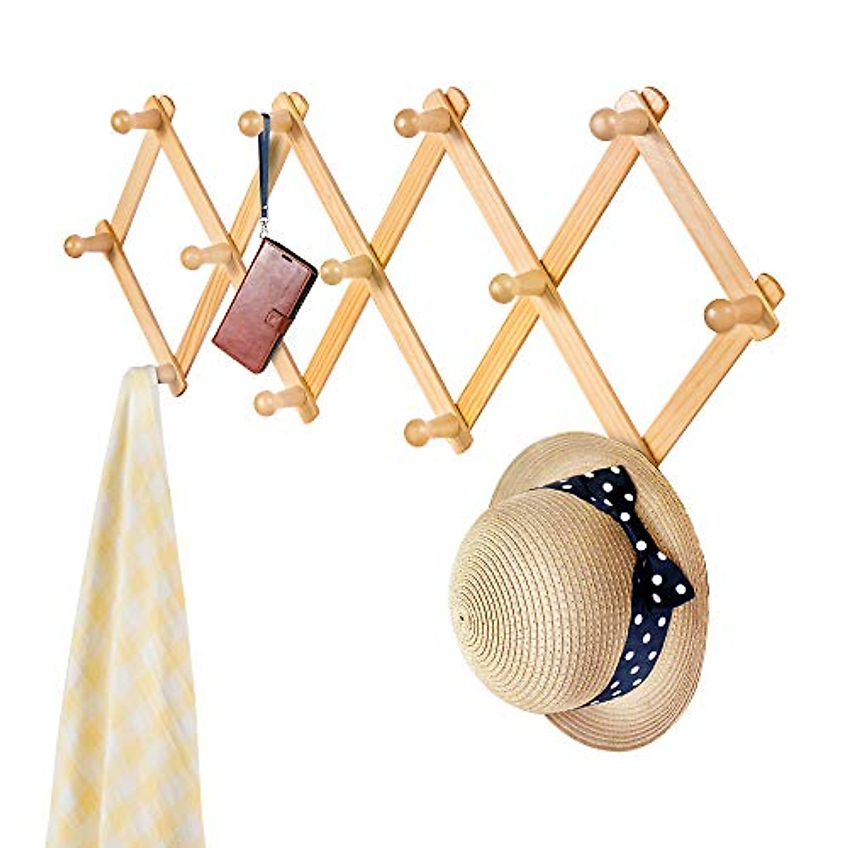 Prairie Star Wooden Wall Hanger Expandable Coat Rack Accordion Design 13 Peg Hooks Storage Caps,Purses,Hats,Scarves,Mug,Towels,Umbrella Accessories