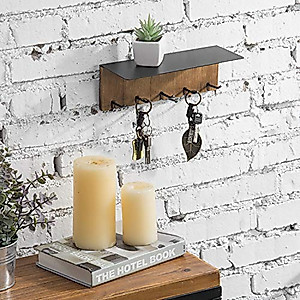 MyGift Entryway Shelf Rack with 5 Key Hooks, Wall-Mounted Burnt Solid Wood and Matte Black Decorative Shelf