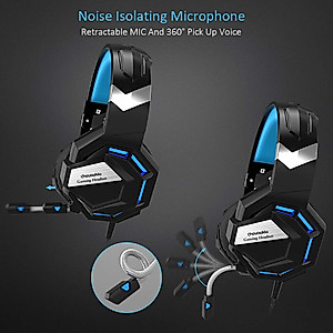 Gaming Headset - Chououkiu Headset Gaming Headphone for Xbox One, PS4, PC, Surround Sound Over Ear Headphones with Noise Cancelling Mic, LED Light Bass Surround Soft Memory Earmuffs (Blue)