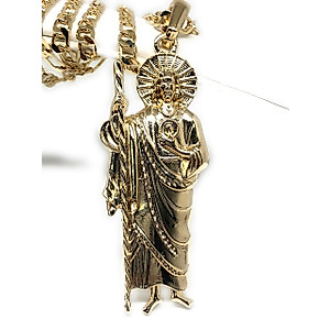 Fran & Co. Jewelry Gold Plated Big Saint Jude Pendant Necklace Figaro 26" San Judas Tadeo Medalla XL Cadena Oro