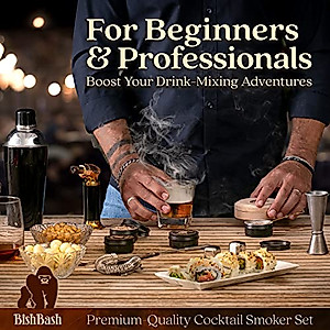 BishBash Cocktail Smoker Kit with Torch - Bourbon Smoker Kit with 4 Flavored Cocktail Smoker Wood Chips - Birthday Gift Old Fashioned Cocktail Kit, Cocktail Smokers Drink Kit for Men, Dad. No Butane.