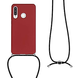 kwmobile Crossbody Case Compatible with Huawei P30 Lite - TPU with Silicone Coating Cover with Neck Cord Lanyard Strap - Dark Red/Black