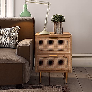 COZAYH Rustic Farmhouse Woven Fronts Nightstand, Spacious Storage End Table with 2 Drawers, Industrial Farmhouse Accent Furniture for Bedroom