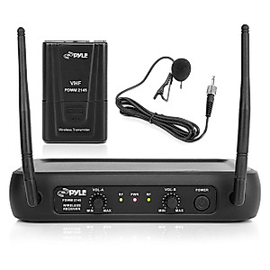 Pyle Dual Channel Wireless Microphone System - VHF Fixed Dual Frequency Wireless Mic Receiver Set with 2 Lavalier, 2 Headset Mics, 2 Transmitter, Receiver - For PA, Karaoke, Dj Party - Pyle PDWM2145