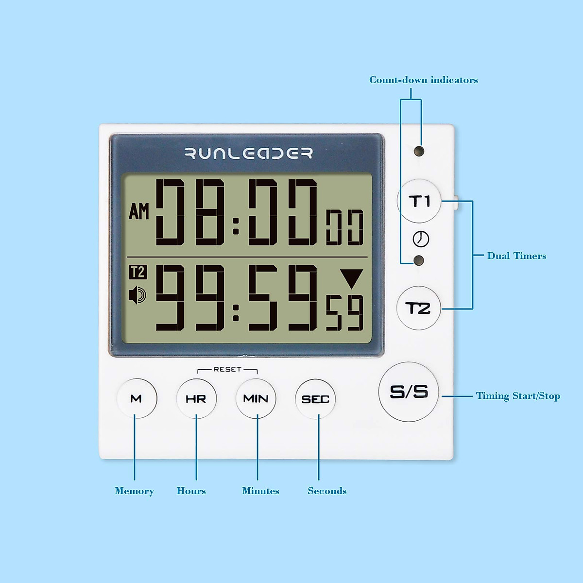 Runleader Kitchen Timer, Bakery Timer, Digital Display Cooking Timer Count Down/Count Up Timer with Magnetic Back,Independent Button,Aloud Alarm,for Cooking Learning Sport Office(Battery Included)