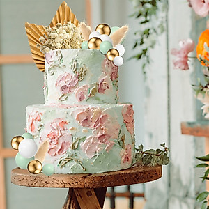 53 Pcs Boho Cake Topper Mini Balls Cake Toppers Foam Balloon Cake Toppers Palm Leaves Artificial Dried Flower Cake Toppers for Baby Shower Birthday Wedding Cake Decoration (Gold)