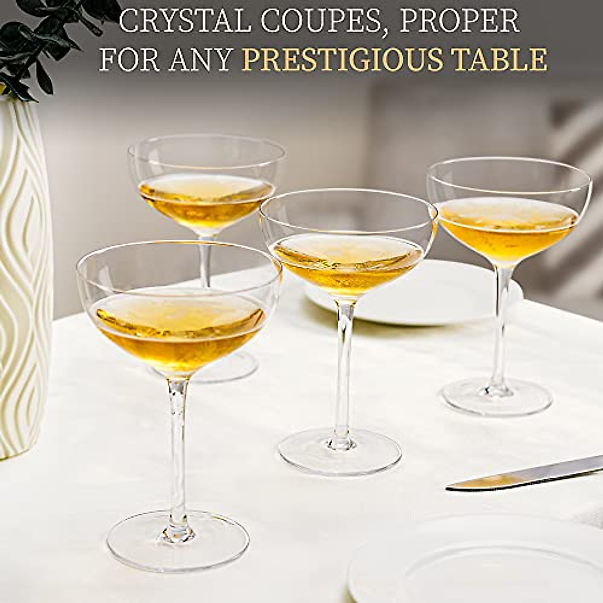 Champagne Coupe Glasses Set of 4 - Elegant Cocktail Coupe, Ideal for serving Martini, Gimlet and Manhattan - High Clarity Crystal Glassware - Excellent Addition to Your Home Bar - 10 oz