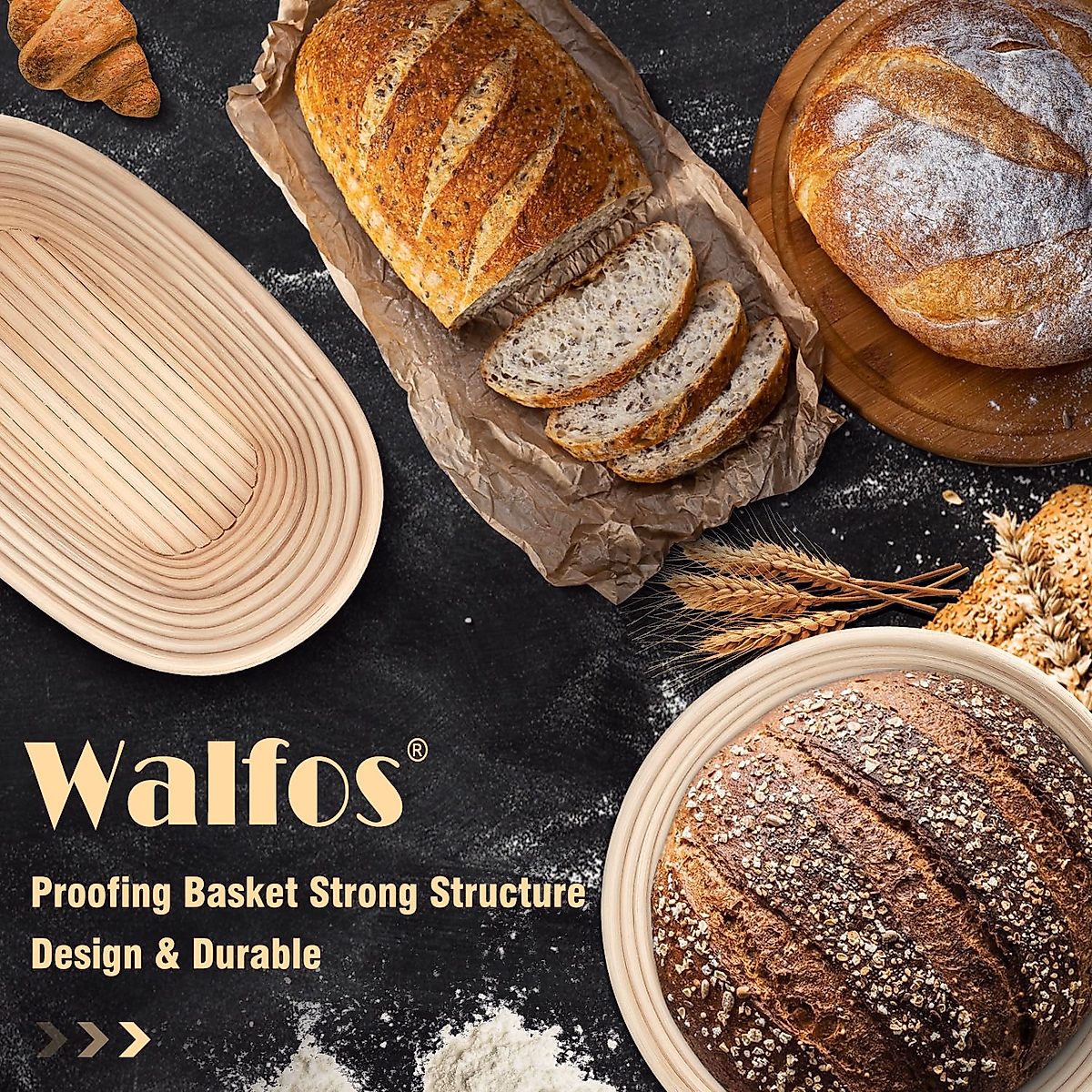 Walfos Banneton Proofing Basket Set（9 pcs）-100% Natural Rattan Sourdough Bread Basket,10" Round & 9" Orval Proofing Basket,Includes Professional Baking Tools,Great for Home and Professional Bakers