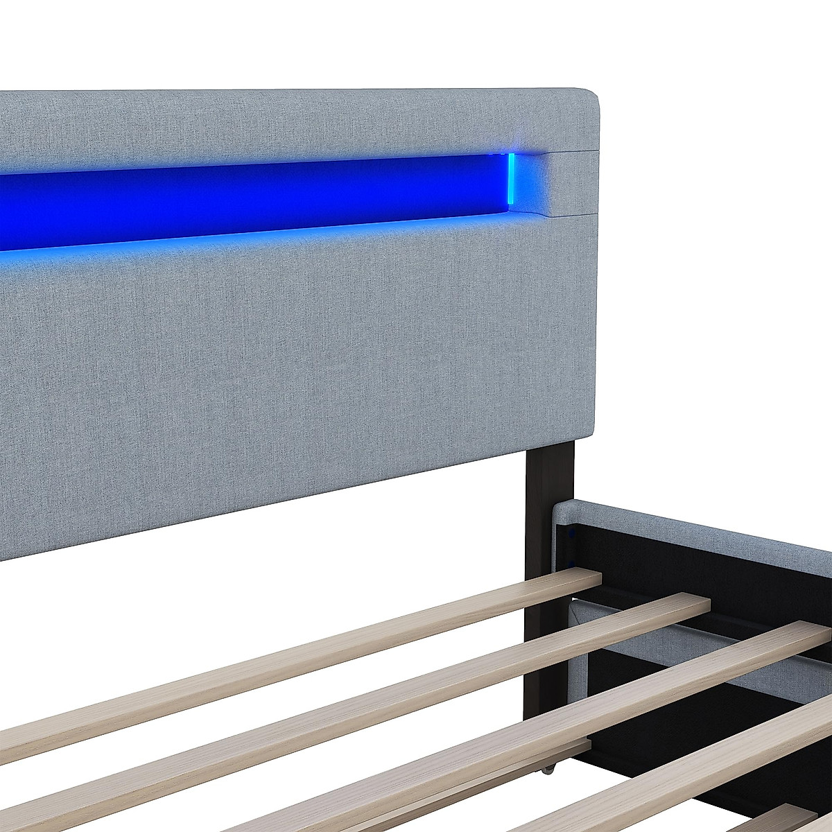 BOVZA Queen Size Upholstered Platform Bed with 2 Storage Drawers and Twin Trundle, LED Lights and USB Charging, Linen Queen Bed Frame with Headboard and Wood Slat Support, Gray
