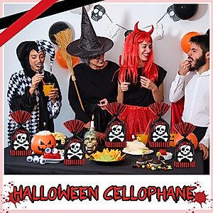 Outus 150 Pcs Halloween Cellophane Treat Bags Halloween Cellophane Bag Block Bottom Halloween Candy Bags with 300 Pcs Twist Ties for Snacks Cookies Halloween Party Favor Supplies (Skeleton)