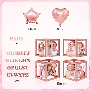 Amandir 135pcs Rose Gold Balloons Girl Baby Shower Decorations Baby Boxes, Butterfly Stickers Balloon Garland Arch Kit Baby Box with Letter (A-Z+Baby) for Wedding Bridal Birthday Party Decoration