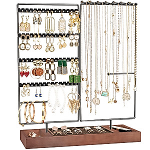 ProCase Jewelry Organizer Stand Earring Holder, 144 Holes Stud Earring Display Rack Necklace Holder Storage Tower with Removable Wooden Ring Tray for Earrings Necklaces Bracelets Rings Watches -Black