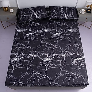 Megsv Waterproof Mattress Protector Cover Polyester Bed Cover Black Marble Pattern Fitted Sheet and Pillowcase (NO Pillow Inner) (Black, Twin)