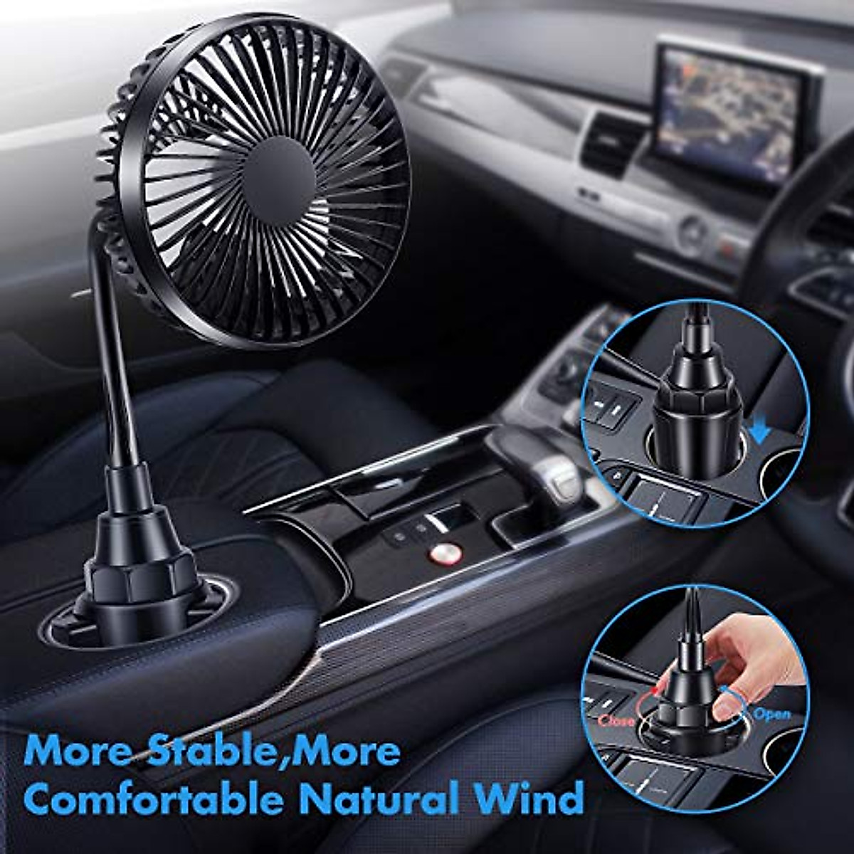 USB Car Fan, Car Cup Holder Fan Mount 3 Speeds Adjustable Gooseneck Fan Cradle for Better Cooling, Large Wind Single-Head Fan Powerful Quiet for Car, SUV Truck, Boat, Seat cup,Golf Car