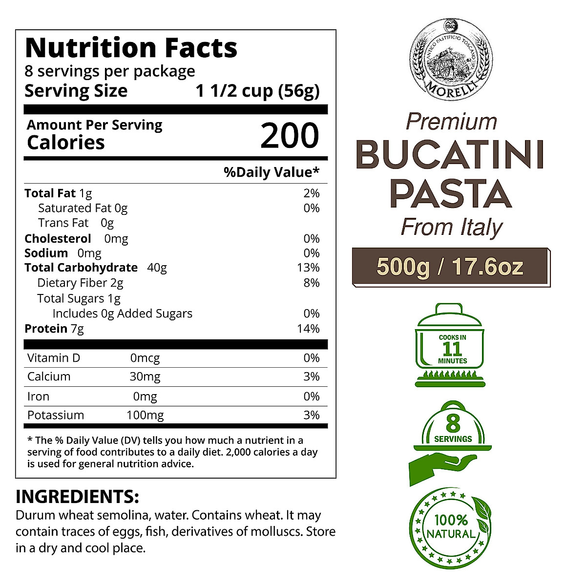 Morelli Bucatini Pasta Noodles - Premium Organic Italian Pasta from Italy - Handcrafted, Family Owned Gourmet Pasta Brand - Durum Wheat Semolina Pasta 17.6oz / 500g - Pack of 2