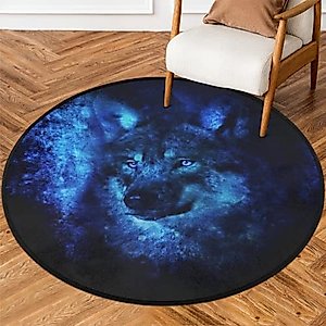 30X18 Inch Round Area Rug 5ft Galaxy Wolf Large Circle Rugs Non-Slip Soft Indoor Throw Rugs Washable Floor Mat Carpet for Bedroom Living Room Sofa Nursery Kids Playroom Decor