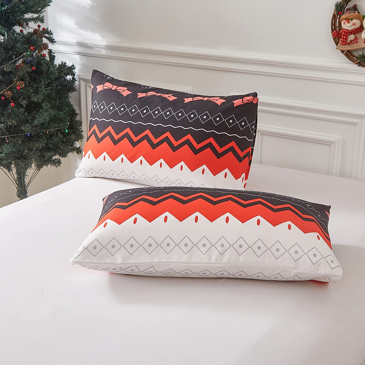 LAMEJOR Christmas Duvet Cover Set Queen Size Soft, Christmas Theme Reindeers/Bells/Christmas Trees Pattern Holiday Decor, 1 Duvet Cover+2 Pillow Cases