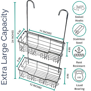 Hanging Shower Caddy Over Door - 304 Rust-proof Stainless Steel Shower Hanging Caddy with Rotatable Hooks and Adhesives for Bathroom Essentials, Equipped with Rotateable Hooks and extra Adhesives