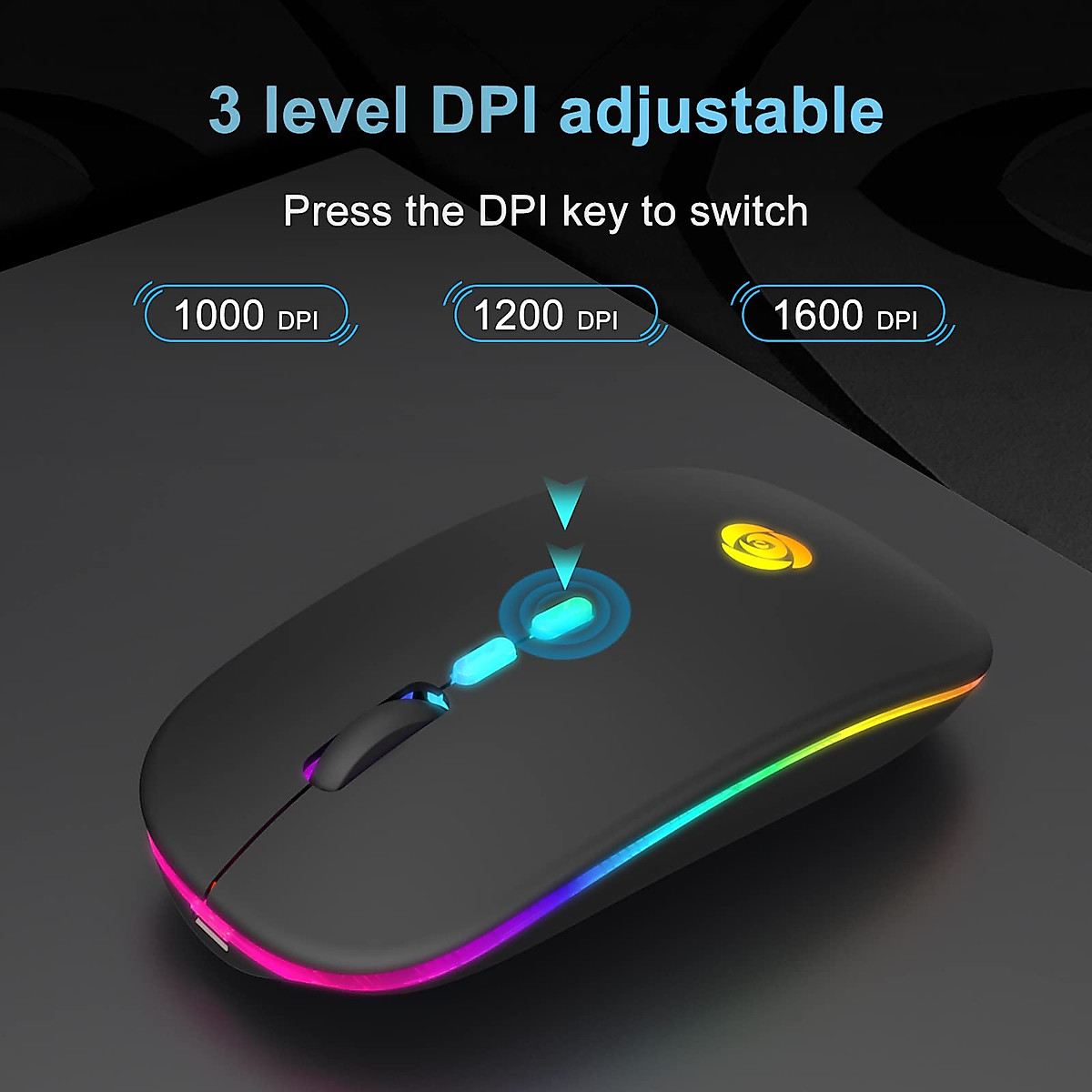 CC Store LED Wireless Bluetooth Mouse &2.4GHz Instant Connection,Rechargeable Ultra Silent Slim,3 Adjustable DPI 2 Connection Modes with USB-C to USB Adapter for Laptop/MacBook/PC/Tablet/iPad (Black)