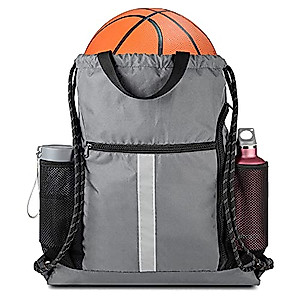BeeGreen Grey Drawstring Bag Pack Gym Sackpack w Shoe Compartment Two Water Bottle Holder Portable String Sinch Sack for Gymnastic Athletic Beach Travel
