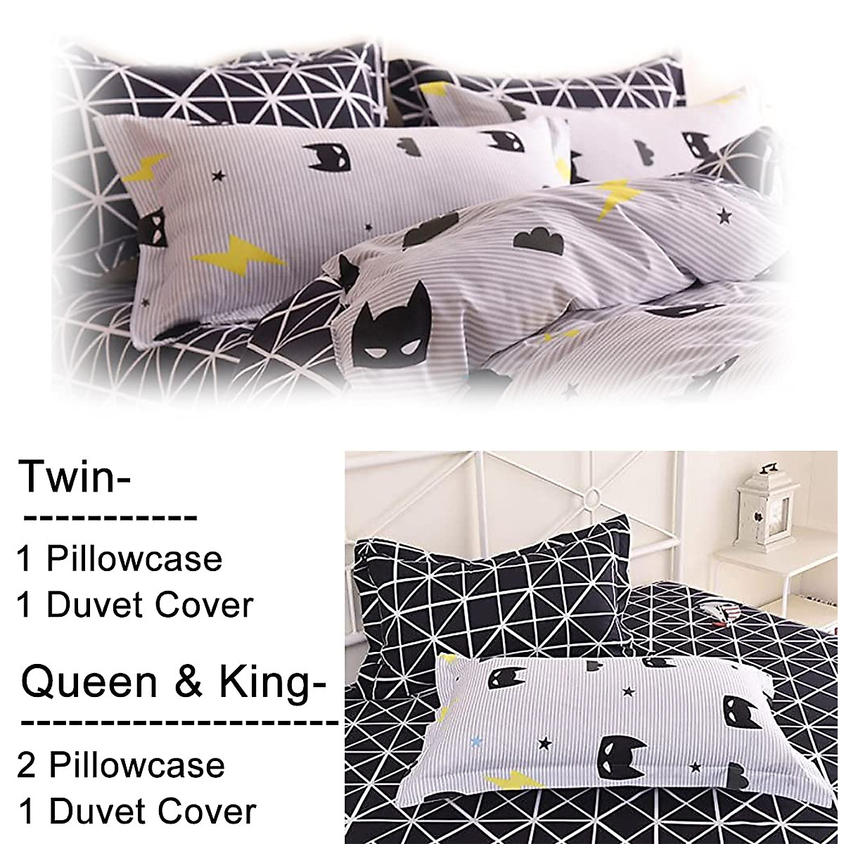 2 pcs Duvet Cover for Kids Boys Girls, 100% Microfiber Twin Duvet Cover, Black White Printed Pattern Ultra Soft Duvet Cover Set, Quilt Cover for Teens with Comforter Cover (no Comforter)