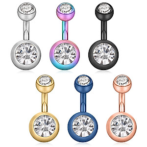 Ruifan 6PCS 316L Surgical Steel Double Clear Crystal 14G 6mm 1/4 Inches Short Belly Earring Navel Button Ring - Mix Color 2#