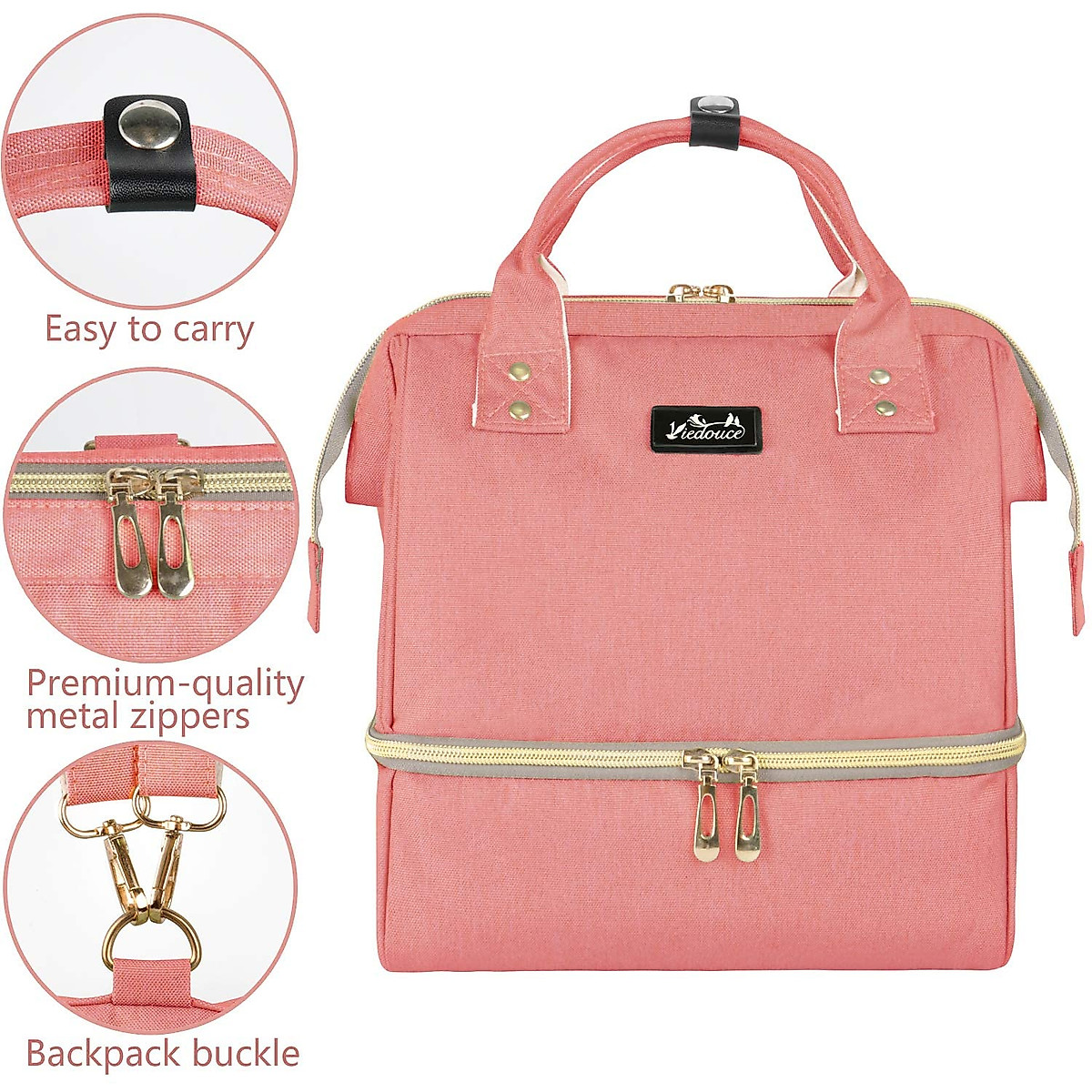 Viedouce Nappy Backpack, Changing Nappy Bag, Lunch Bag Insulated, Picnic Bag for Travel, Waterproof Oxford Baby Travel Diaper Mummy Bag Backpack with Charging Port (Pink 8L)