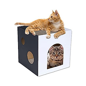 Corrugated Cardboard Cat House & Scratcher for Indoor Cats with Hammock Cat Scratching House,Scratching Pad, Cat House,Cat Scratching House (Black White)