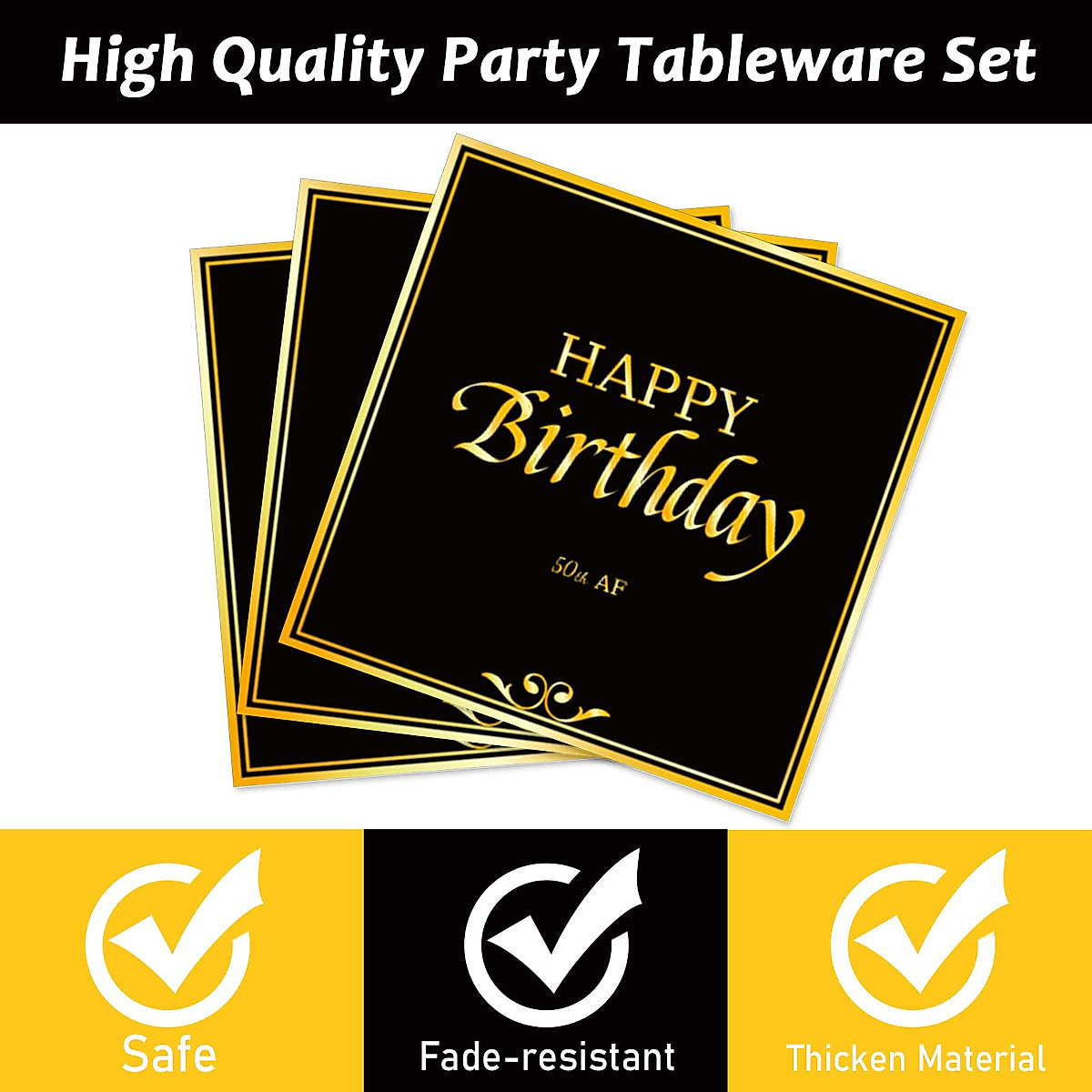 50th Birthday Black Gold Party Paper Plates and Napkins Supplies Disposable Fifty AF 50 Years Party Decorations for Him Her Serve 24 Guests