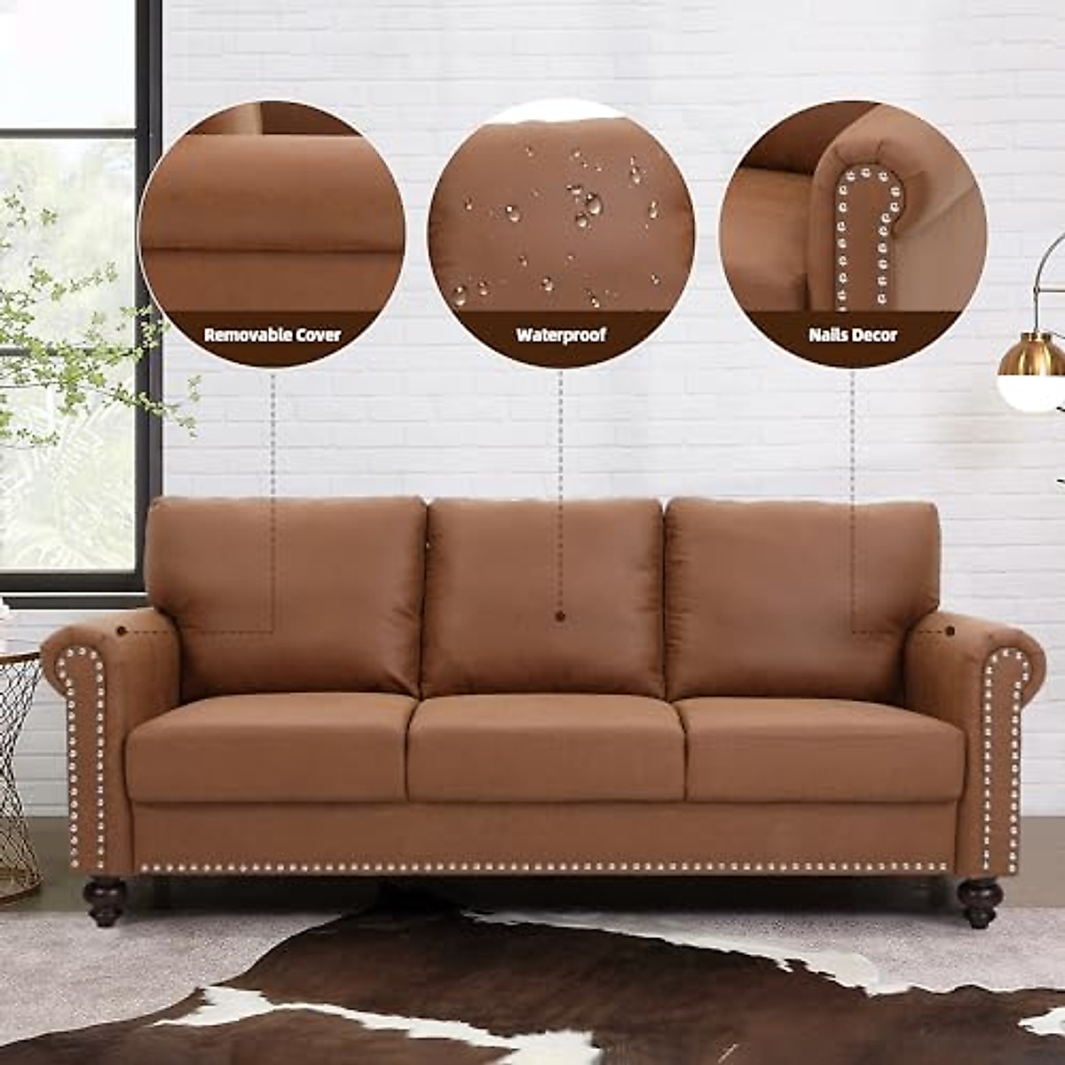 INMOZATA Leather Sofa Couch 80" Mid-Century Modern Sofa Wood Couches with with Nailhead Trim, Upholstery 3-Seater Sofa for Living Room, Apartment, Lounge Room,Light Brown