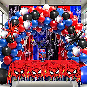 127pcs Spider Party Decorations Balloons Black Red and Blue Balloons Garland Kit Arch Backdrop Tablecloth Banner Cake Hero Theme Birthday Party Decorations Foil Fringe Curtains For Kids