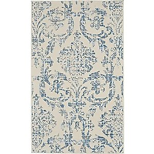Nourison Jubilant Damask Ivory/Blue 3' x 5' Area -Rug, Easy -Cleaning, Non Shedding, Bed Room, Living Room, Dining Room, Kitchen (3x5)