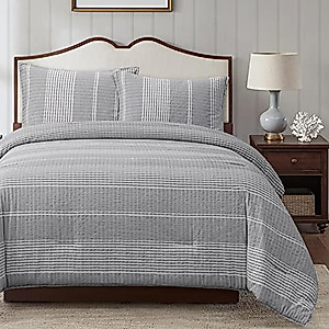 HiEnd Accents Lane 3 Piece Duvet Cover Set with Pillow Shams, Gray and White Stripe Seersucker Pattern, Super Queen Size, Modern Casual Traditional Style Luxury Bedding Set, 1 Duvet and 2 Pillowcases