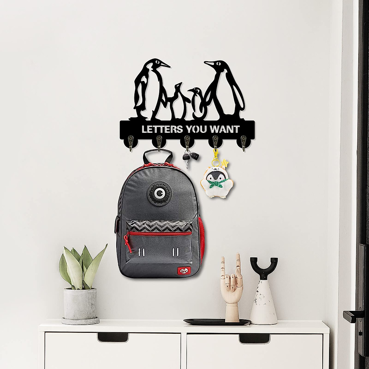 KingLive Penguin Key Holder for Wall, Family Theme Key Rack Hanger, Handmade Key Hooks for Wall, Wooden Coat Hat Clothes Towel Wall Hooks Hangers Hanging Decoration Wall Shang Signs