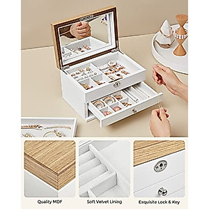 SONGMICS Jewelry Box, 3-Tier Jewelry Organizer Box, Locking Jewelry Case with Large Mirror, 2 Drawers, Gift Idea, for Rings, Earrings, Bracelets, Necklaces, White and Wood Grain Color UJOW15WN