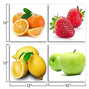 Purple Verbena Art 4pcs/set Stretched and Framed Orange, Apple, Lemon, Strawberry Fruits Design Wall Artwork Paintings, 12x12 Inches Giclee Walls Canvas Art Work for Kitchen Home Decor, Ready to Hang