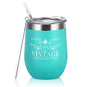 Qtencas 1983 40th Birthday Gifts for Women Vintage 1983 Aged to Perfection 40 Years Old Aged Gifts for Women Men Wine Tumbler, 12 Oz Stainless Steel Wine Tumbler for Birthday Anniversary, Rose Gold