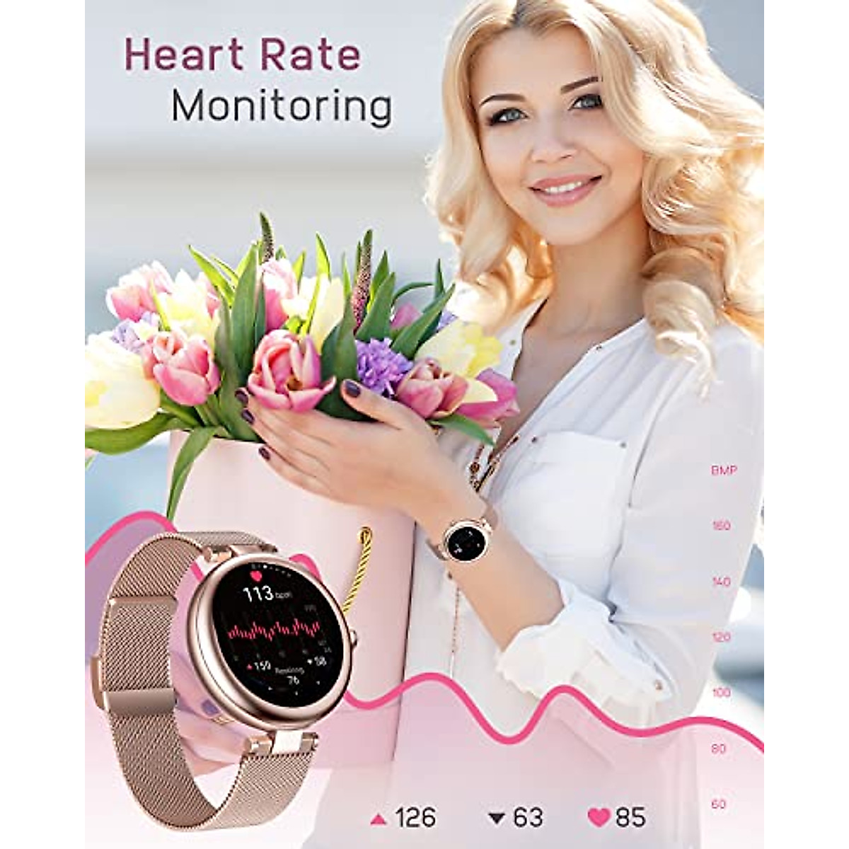 Smart Watch for Women IP68 Waterproof, Round Women's Watch for iOS Android Phones Fitness Tracker Smartwatch with Heart Rate Monitor Steps/Sleep Tracker Slim Gold (Sport & Metal Bands Included), LYNN