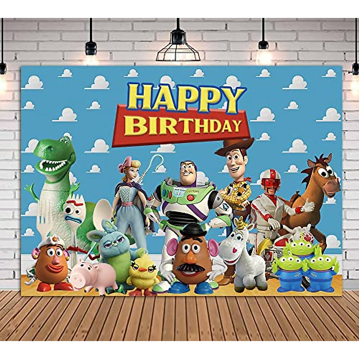 7x5ft Toy Story Theme Happy Birthday Party Photography Backdrops Blue Sky White Clouds Indoor Banner Kids Birthday Party Photo Background Cake Table Decoration Supplies Studio Booth Props