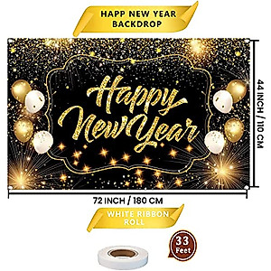 Extra Large Happy New Year Decorations Backdrop, 72x44 Inch New Years Eve Party Supplies Banner, 2023 New Year Photo Props Background Supplies Black Gold Sign Poster