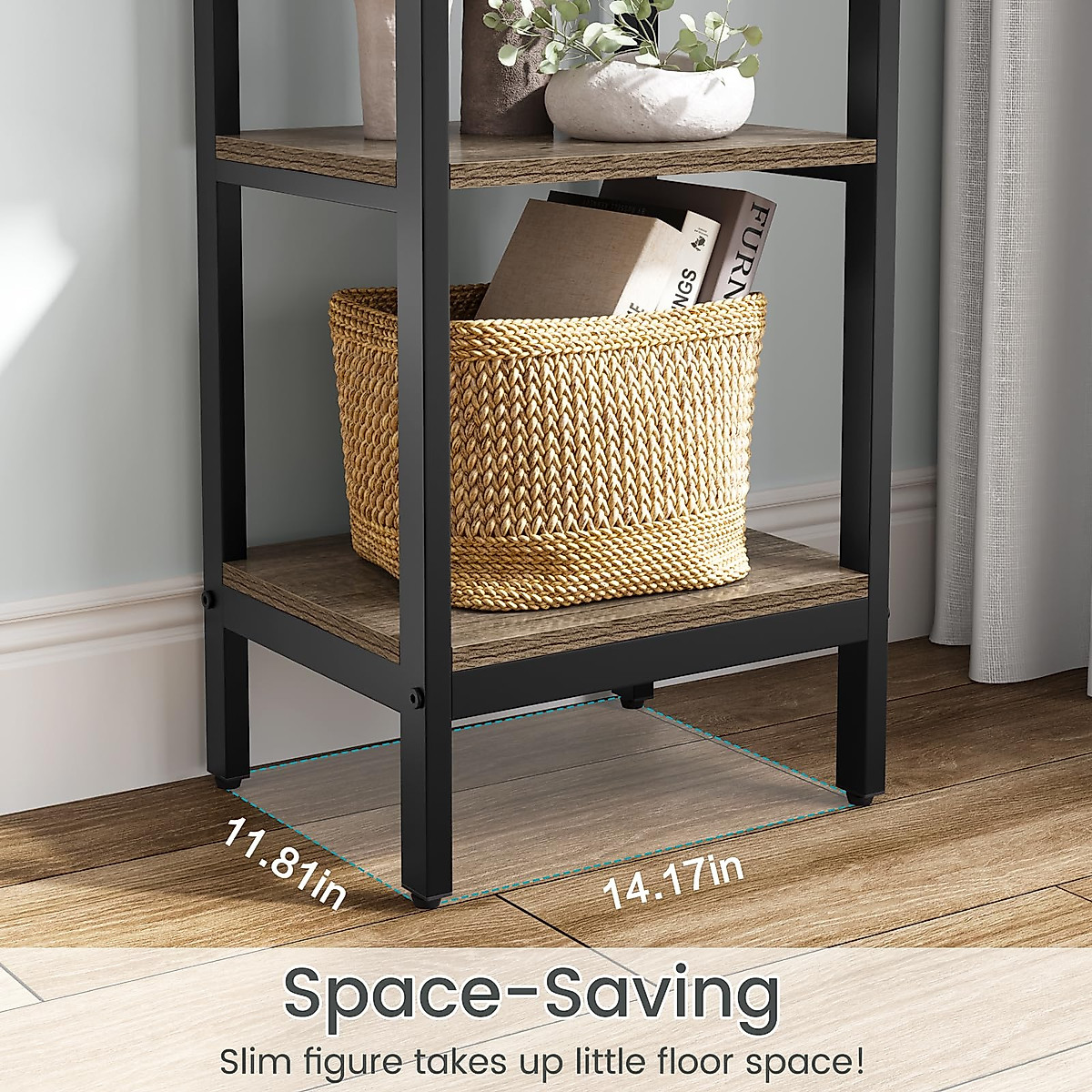 MXARLTR 6 Tier Tall Bathroom Shelf, Narrow Shelving Unit with Steel Frame, Freestanding Slim Storage Rack for Bathroom, Living Room, Bedroom, Kitchen, Bathroom Storage Corner Shelf (Oak Gray)