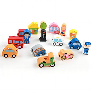 KanCai Wooden City Figures and Cars Lacing & Stringing Beads Toys Over 3 4 5 Year Old Kids Block Set Toy