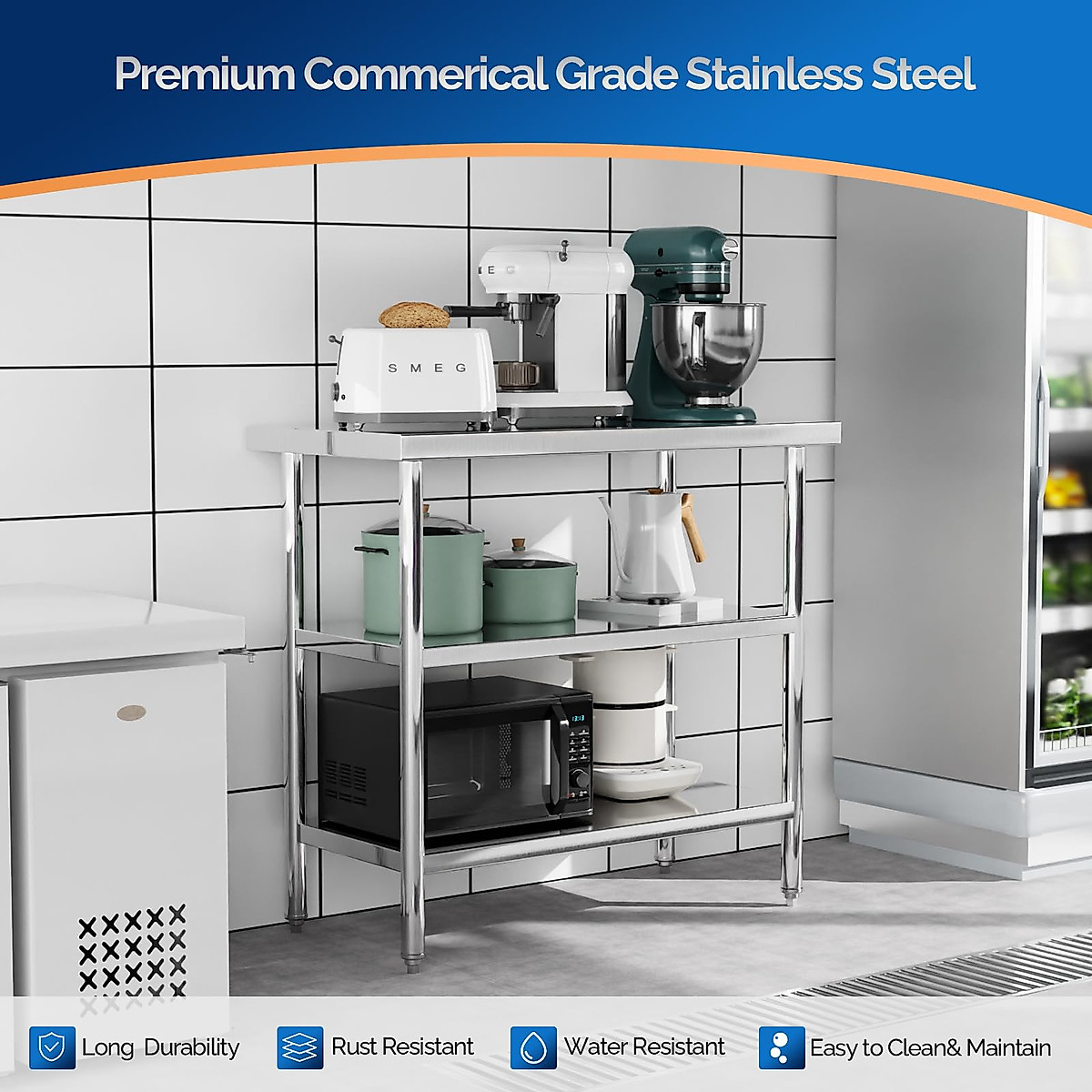 ROVSUN Stainless Steel Table with 2 Shelves 36 X 18 Inch, NSF Commercial Heavy Duty Prep & Work Table, Metal Utility Table for Kitchen, Restaurant, Home, Hotel, Garage