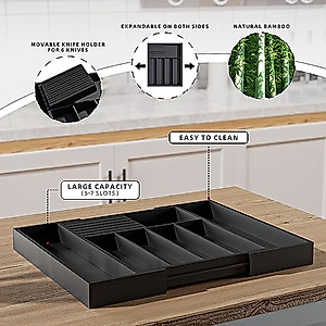 WUSHIZHUHUN Utensil Organizer Silverware Tray for Drawer - Bamboo Knife Drawer Organizer Expandable Cutlery Organizer in Drawer Knife Block W12.8-20.2" x L16 x H2 (Black)