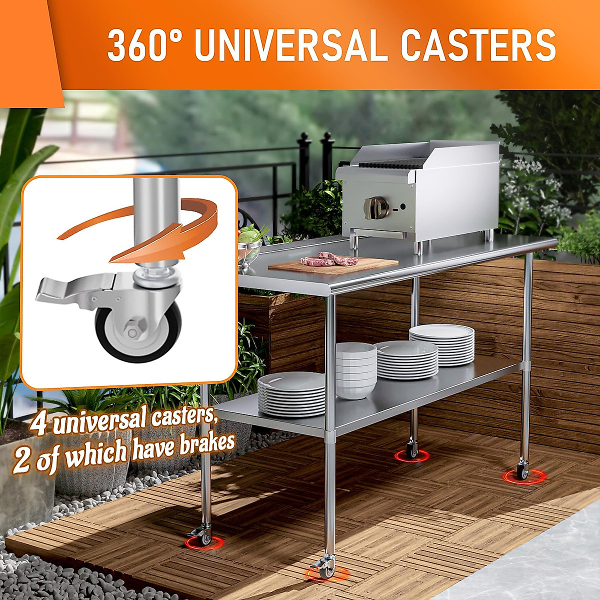 HOCCOT Stainless Steel Prep & Work Table with Adjustable Shelf, with Backsplash and Wheels, Kitchen Island, Commercial Workstations, Utility Table in Kitchen Garage Laundry Room Outdoor BBQ, 24" X 60"