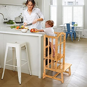 DORPU Learning Step Stool for Kids, Adjustable Height Toddler Kitchen Standing Tower with Double-Side Art Board, Natural