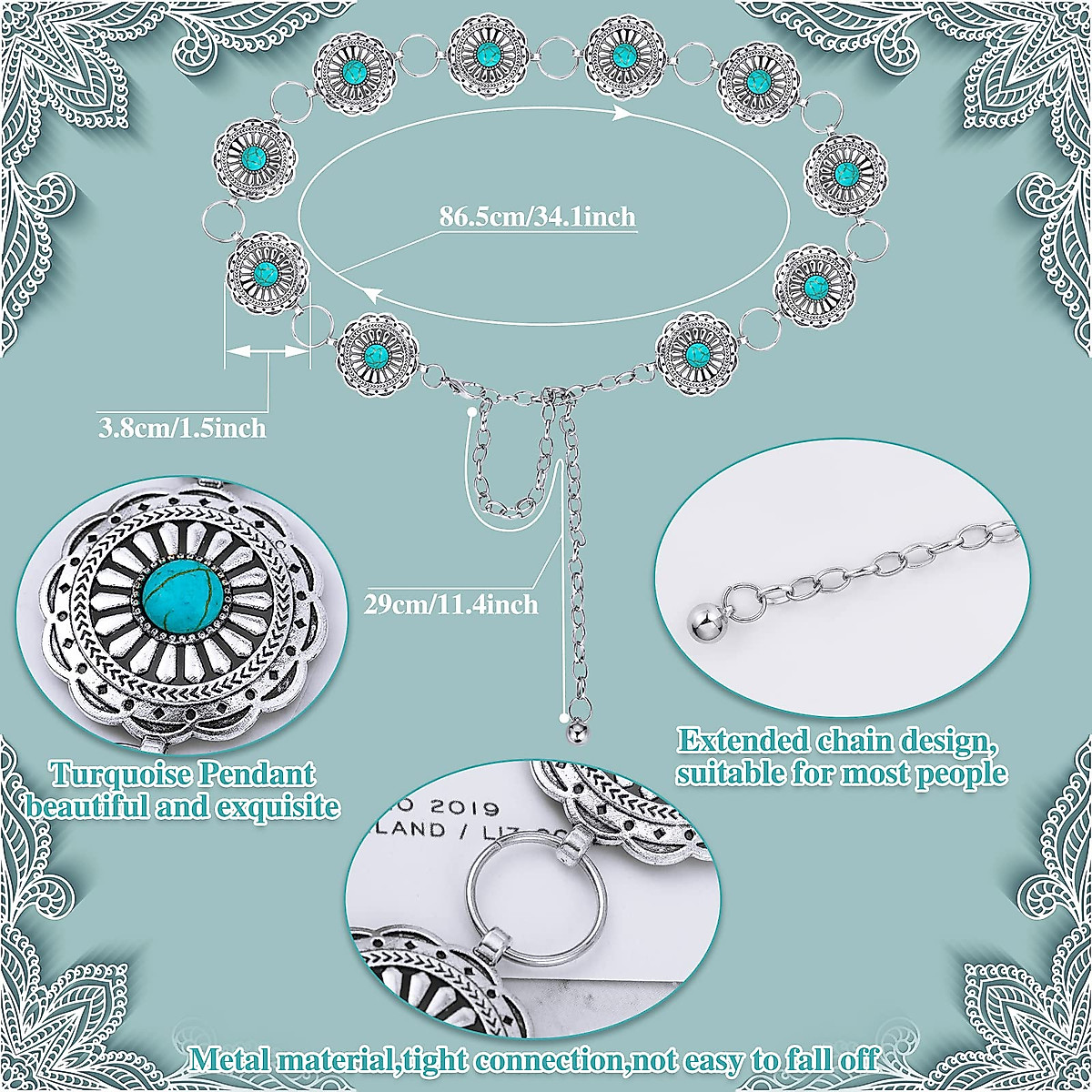 Kigeli 2 Pcs Women Western Belt Flower Turquoise Chain Belt Adjustable Waist Belts Turquoise Belt Silver Metal Western Belts(Novelty Style)